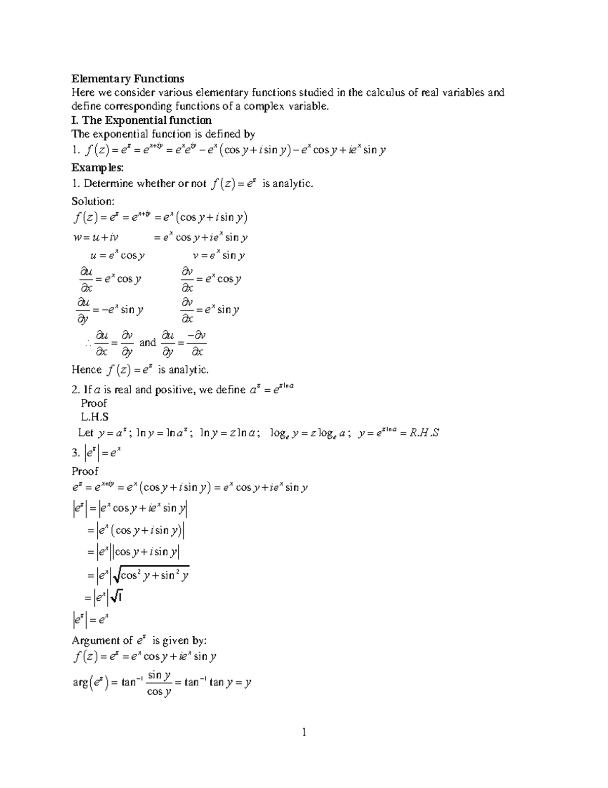 Elementary Functions Complex Analysis Revision And Lecture Notes For Third Years Elementary