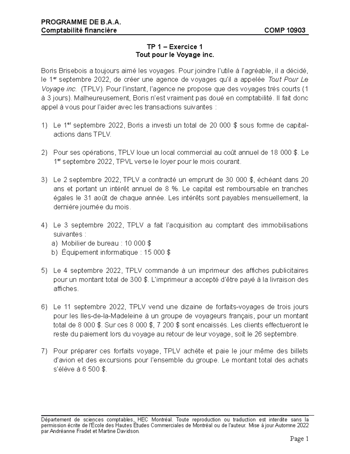TP1 Tout pour le voyage - PROGRAMME DE B.A. Comptabilité financière COMP 10903 TP 1 – Exercice 1 ...