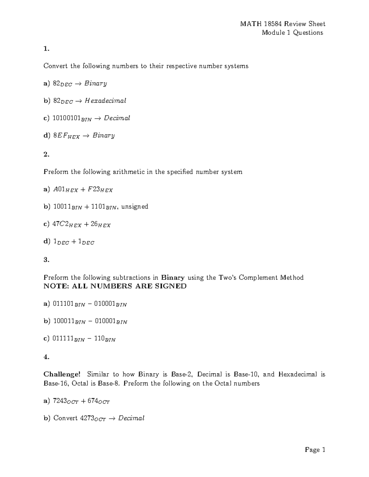 Review - Module 1 Questions - MATH 18584 Review Sheet Module 1 ...