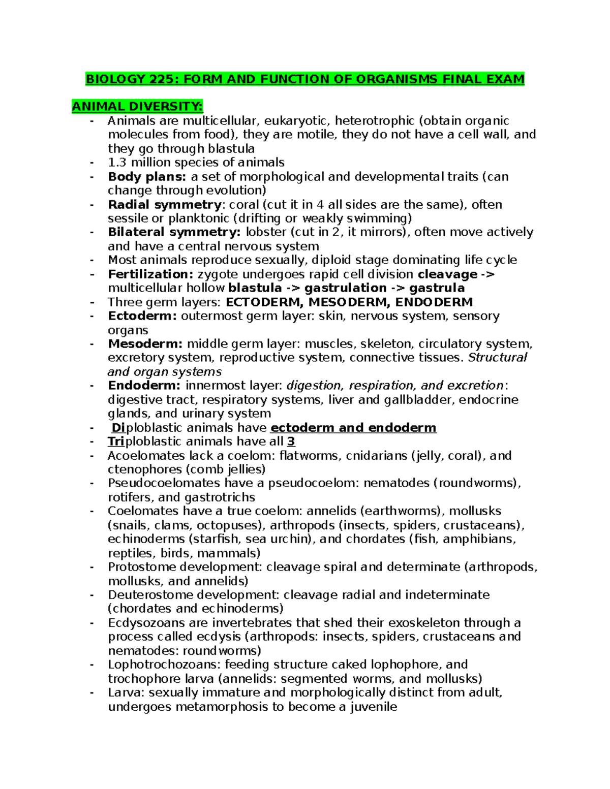 Biology 225 Final Exam notes - BIOLOGY 225: FORM AND FUNCTION OF ...