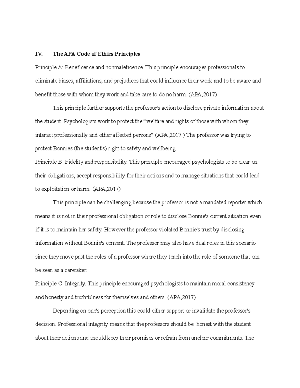 5.2 Milestone - IV. The APA Code of Ethics Principles Principle A: Beneficence and ...