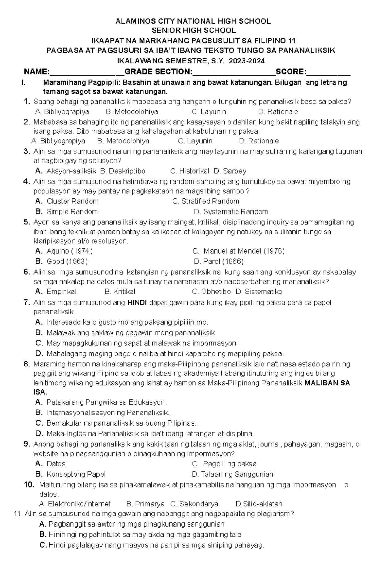 4th quarter exam pagbasa 2022 2023 - ALAMINOS CITY NATIONAL HIGH SCHOOL ...