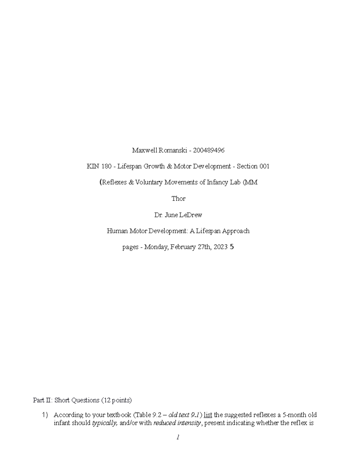Romanski, Maxwell -KIN 180 Infant Lab - Maxwell Romanski - 200489496 ...