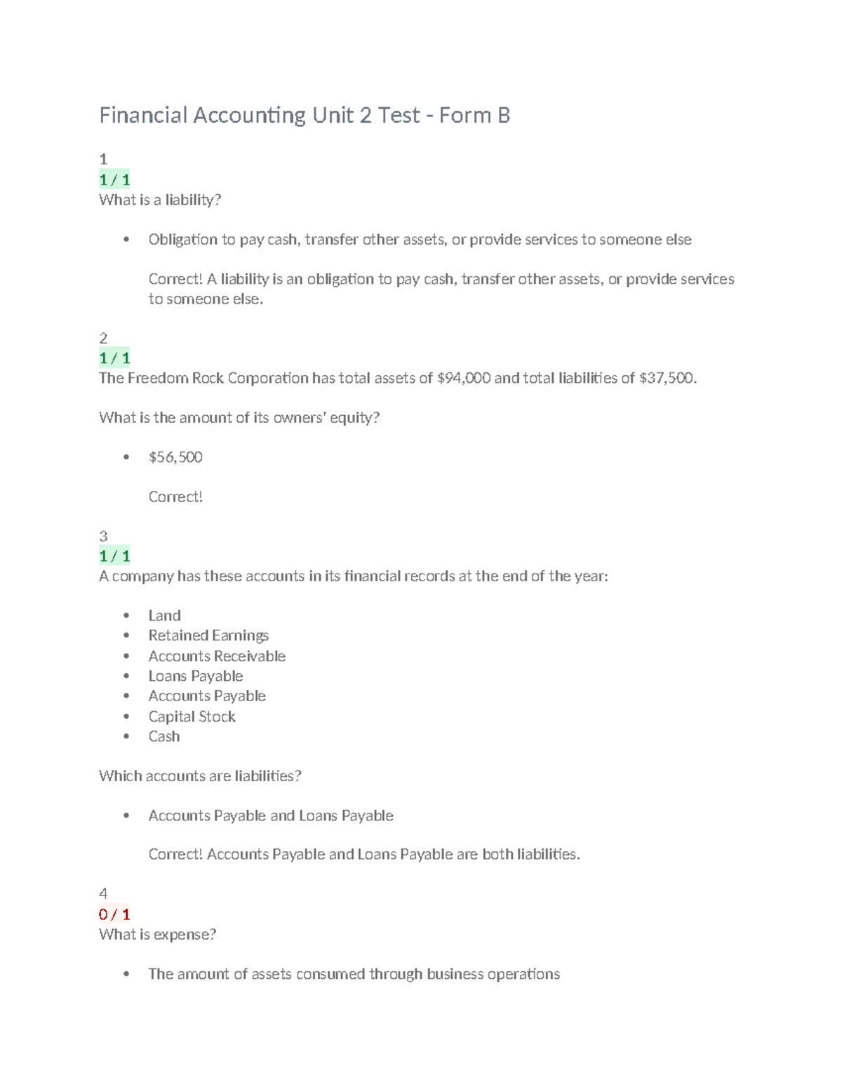 Financial Accounting Unit 2 Test - 2 1 / 1 The Freedom Rock Corporation ...