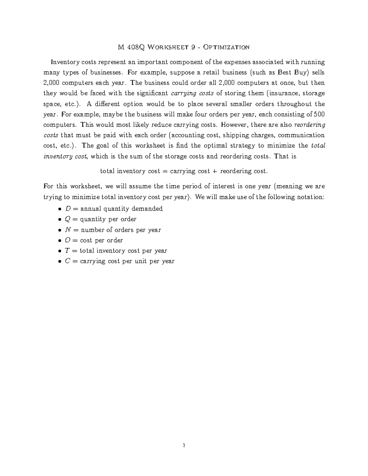 M 408Q Worksheet 9 (Fall 2022) - M 408Q Worksheet 9 - Optimization ...