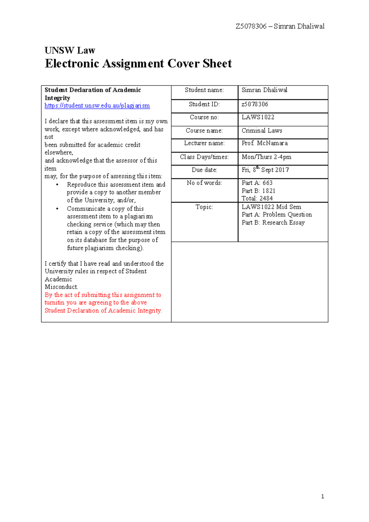 MY CRIM 2 MID SEM - HD Assignment - UNSW Law Electronic Assignment Cover Sheet Student ...