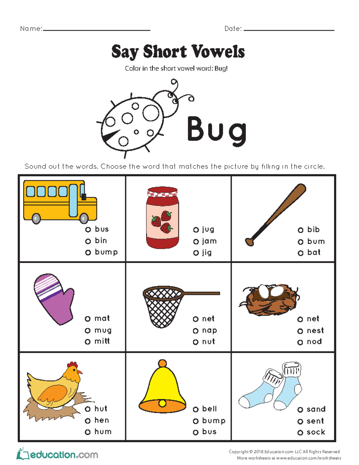 Short Vowel Sounds K - bus bin bump jug jam jig bib bum bat mat mug ...