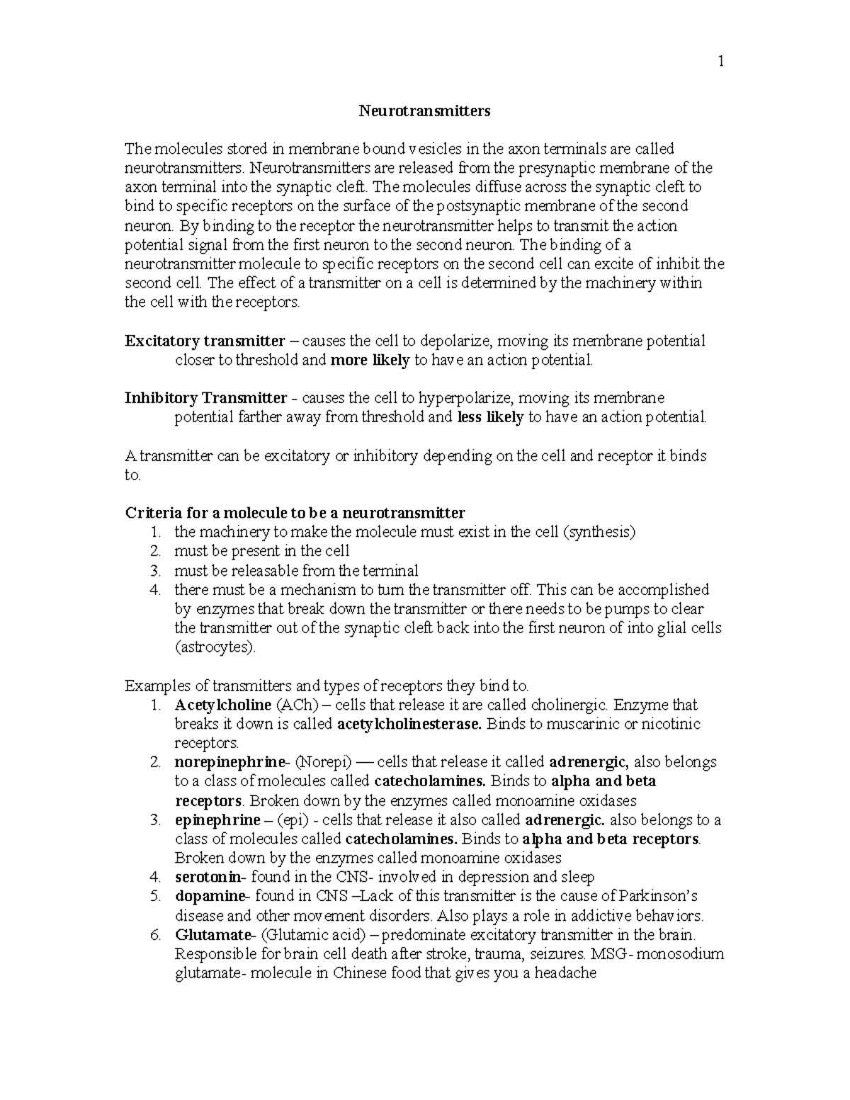 Neurotransmitter Handout - Neurotransmitters The molecules stored in ...