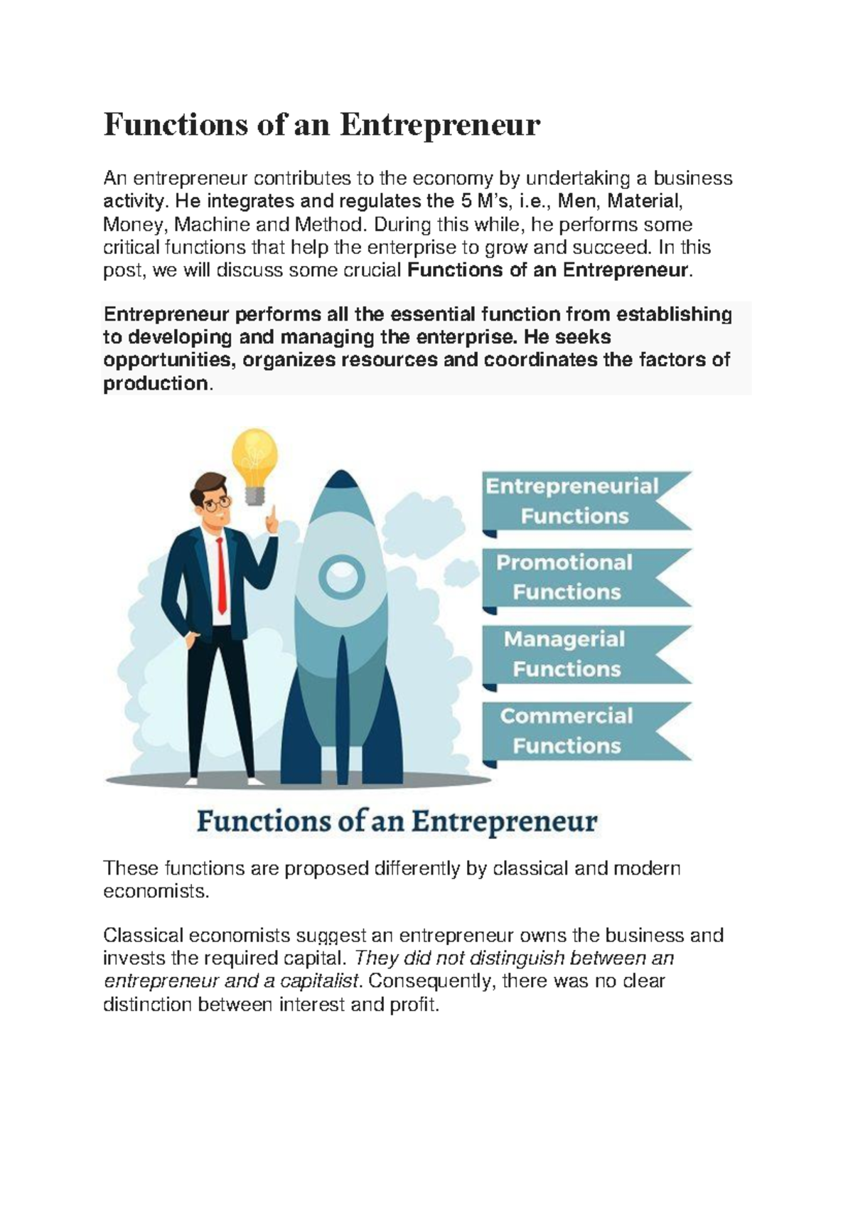 notes for management - Functions of an Entrepreneur An entrepreneur ...