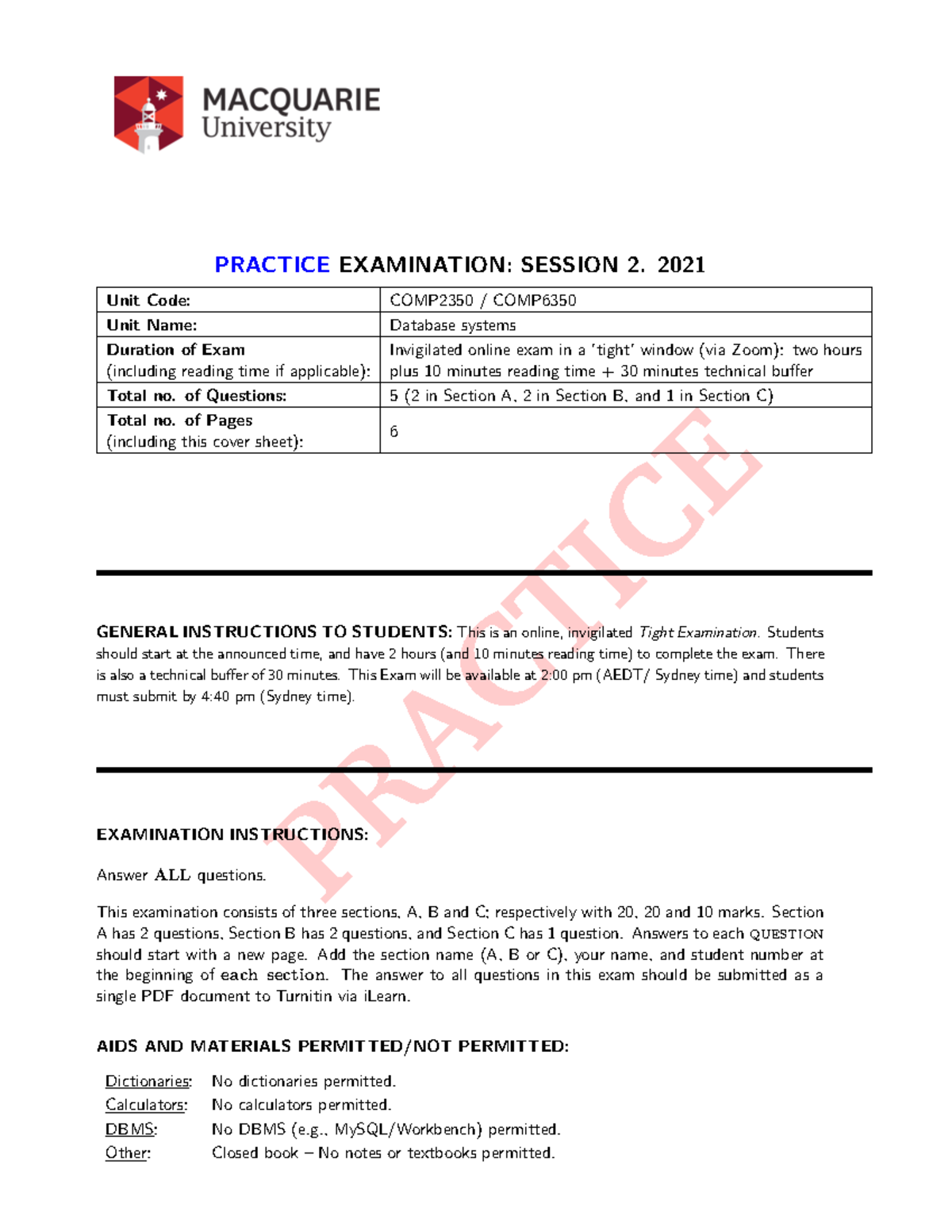 Comp2350 Practice Exam 2021 - ISYS224 - MQ - Studocu