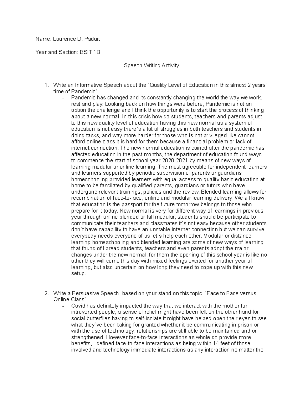 Speech-Writing-Activity - Name: Lourence D. Paduit Year and Section ...
