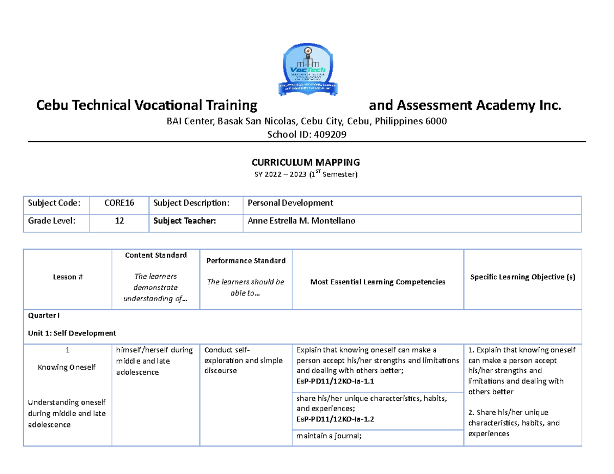 Curriculum-Mapping-Per Dev Core 16 - Cebu Technical Vocational Training ...