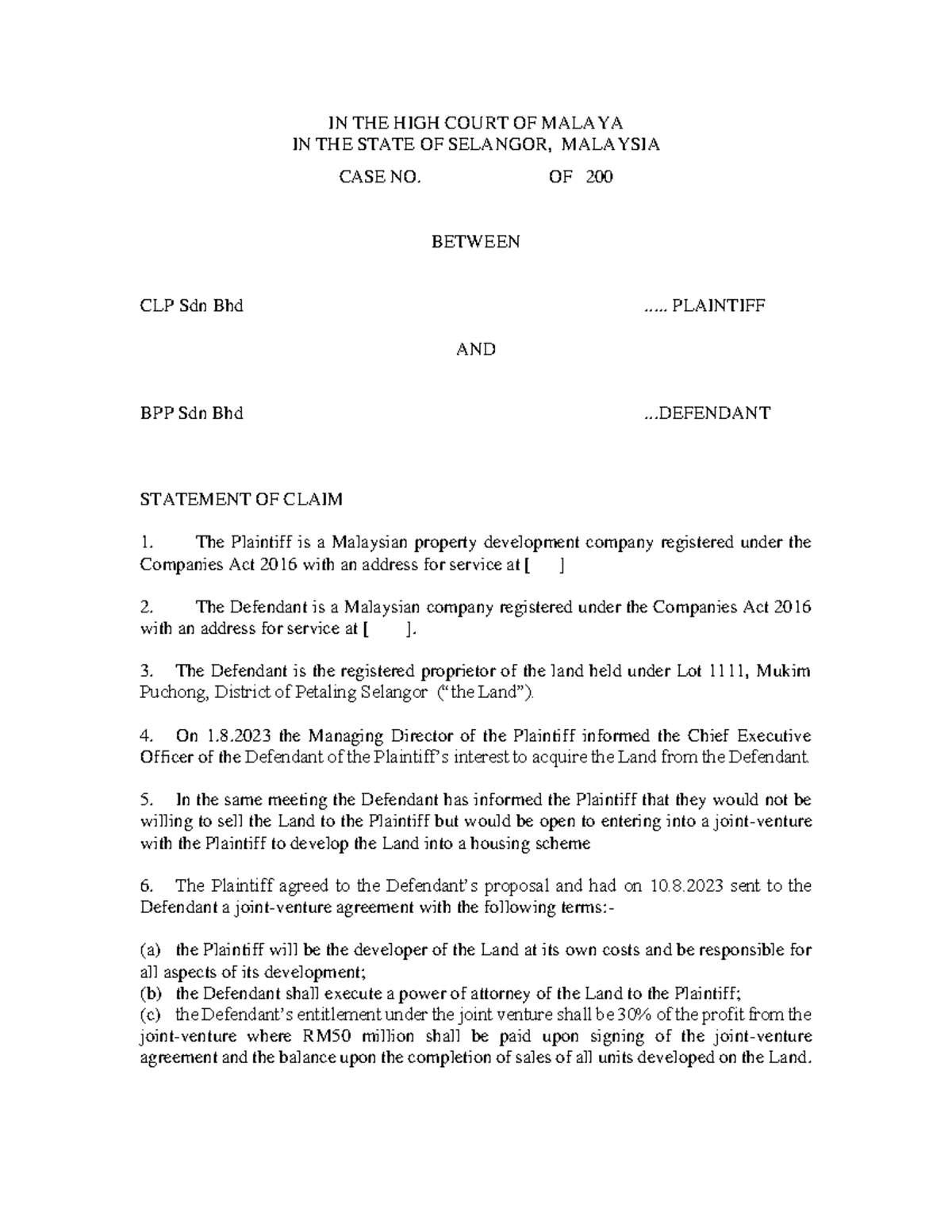 2023 Supp - Sample Statement of Claim for 2023 Supplementary PYQ - IN ...