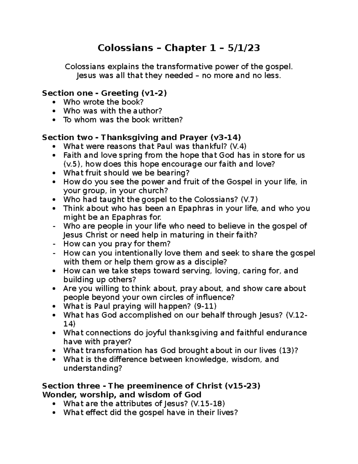 Colossians Chapter 1 - Studocu