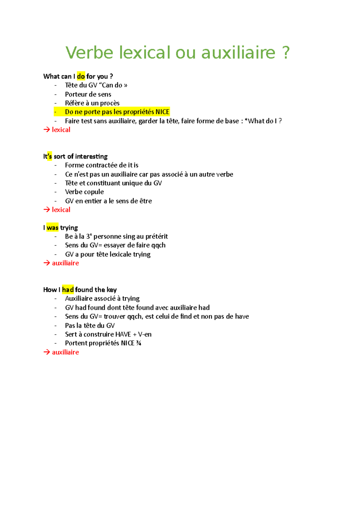 Verbe lexical ou auxiliaire - Verbe lexical ou auxiliaire? What can I ...