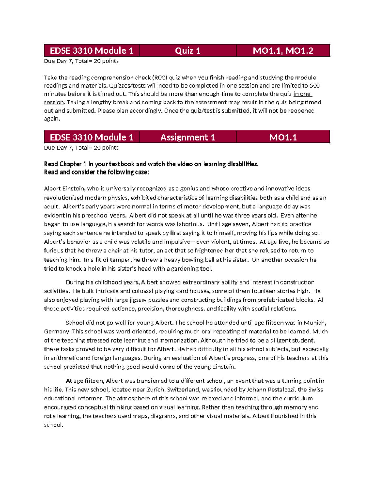 3310Module 1Assignments - EDSE 3310 Module 1 Quiz 1 MO1, MO1. Due Day 7 ...