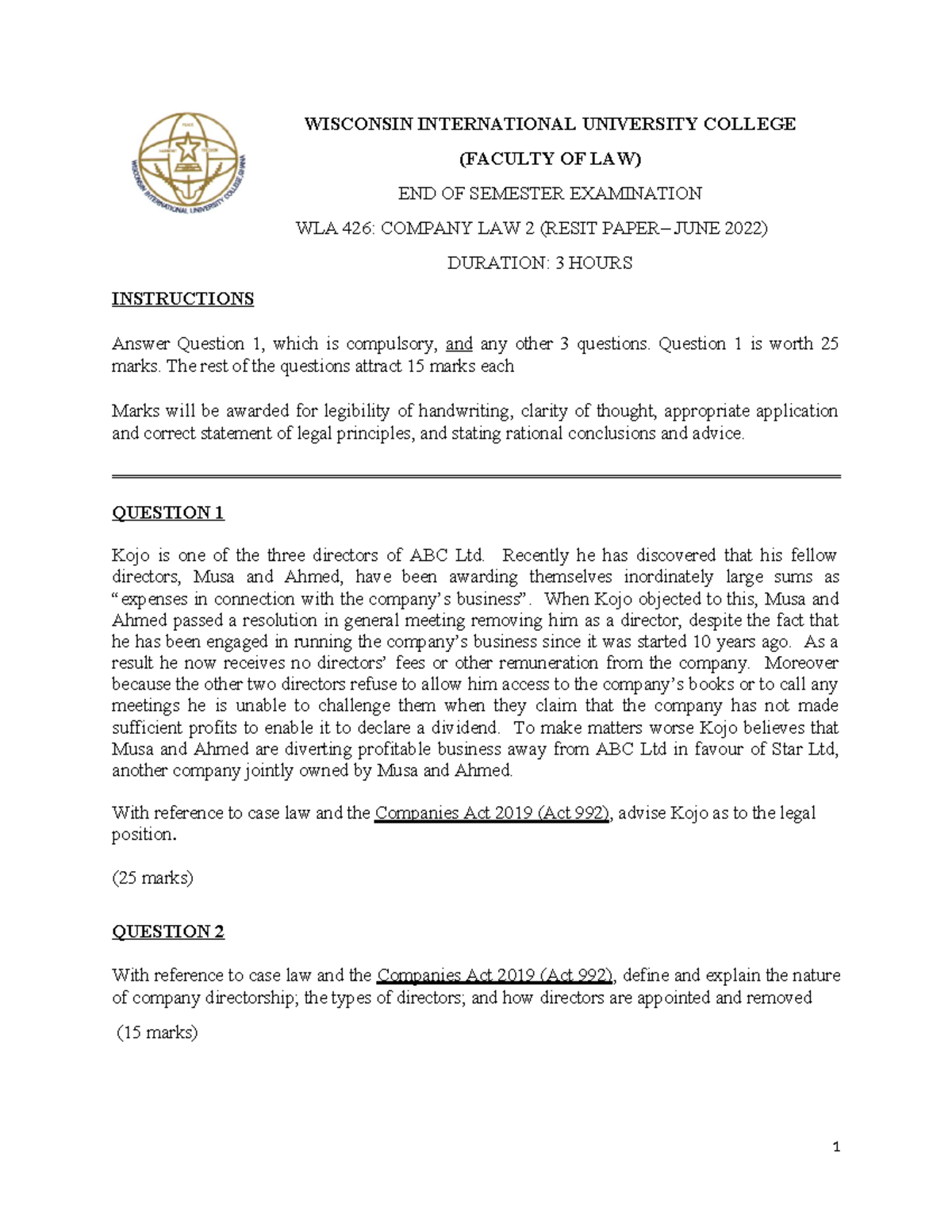 Company LAW 2 Resit EXAM, JUNE 2022 - WISCONSIN INTERNATIONAL ...