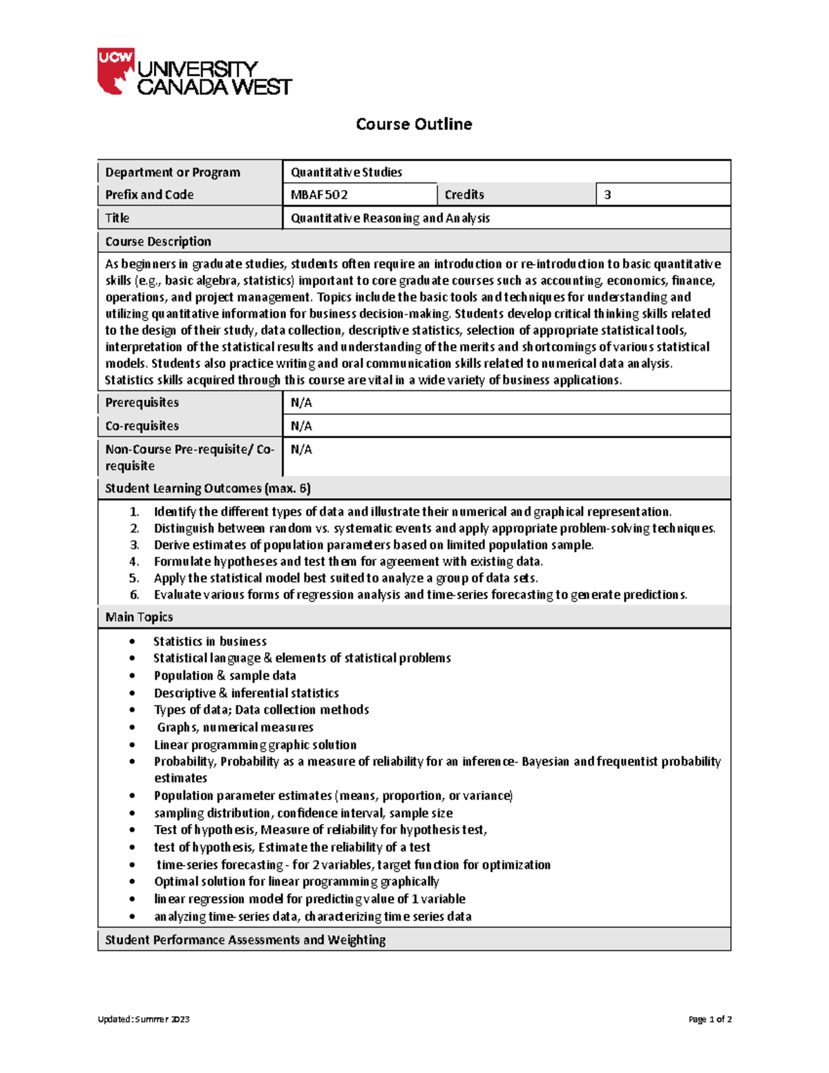 MBAF 502 -CO HBD - Syllabus - Updated: Summer 2023 Page 1 of 2 Course ...