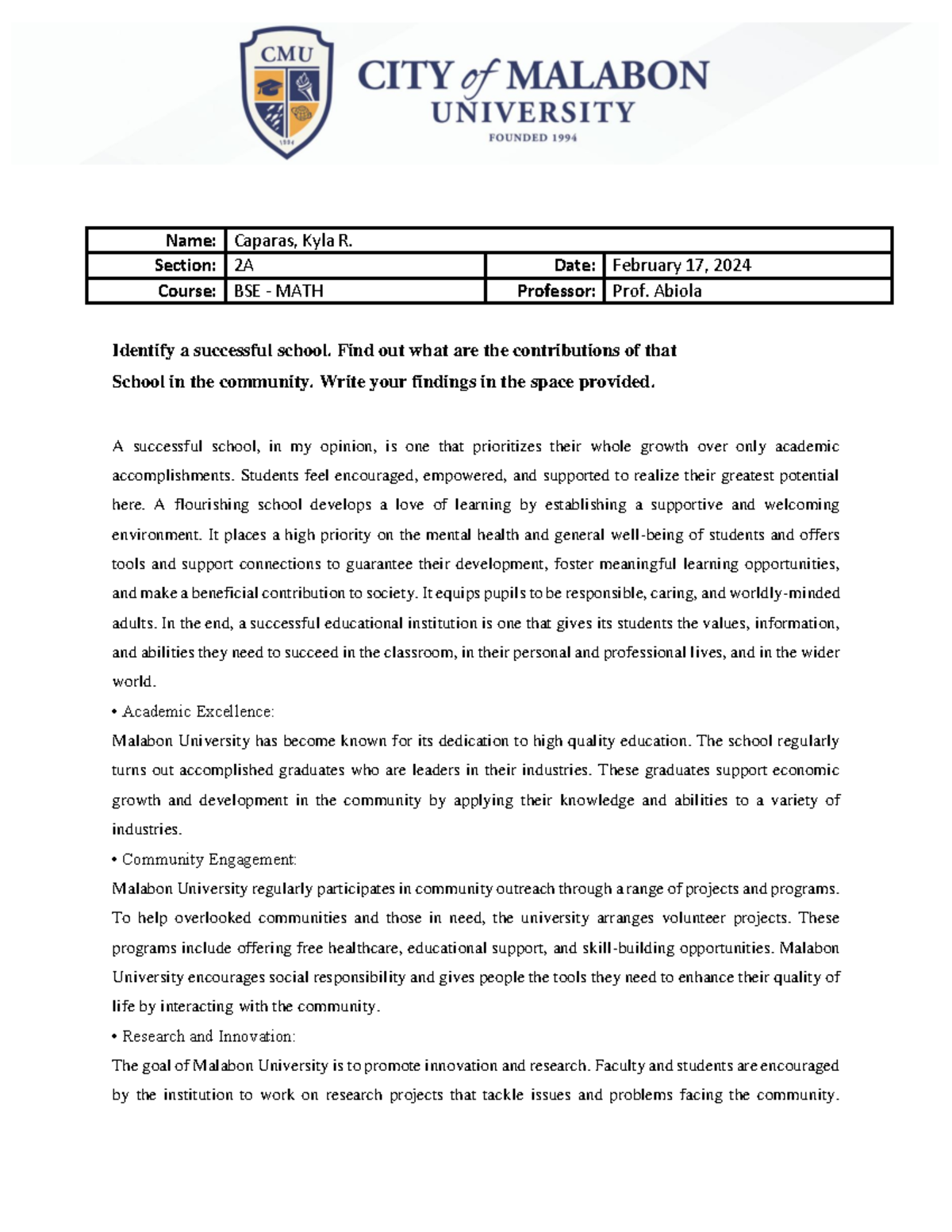 KYLA - Assessment - Name: Caparas, Kyla R. Section: 2 A Date: February ...