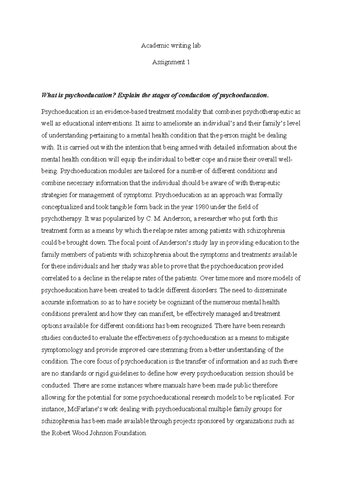 Assignment 1 Psychoeducation LAB - Academic writing lab Assignment 1 ...