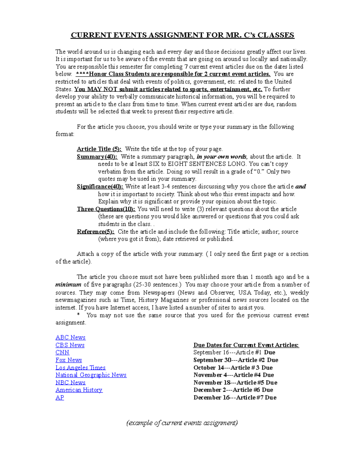 Current Event Guidelines - CURRENT EVENTS ASSIGNMENT FOR MR. C’s ...