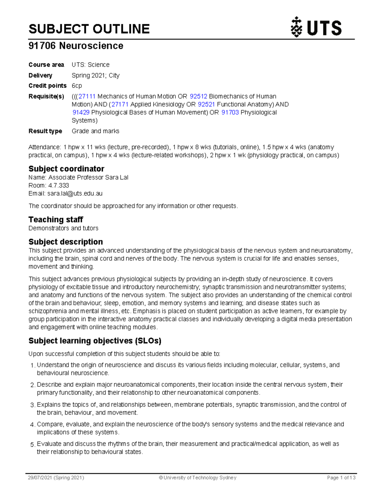 Neuroscience Course Outline - SUBJECT OUTLINE 91706 Neuroscience ...