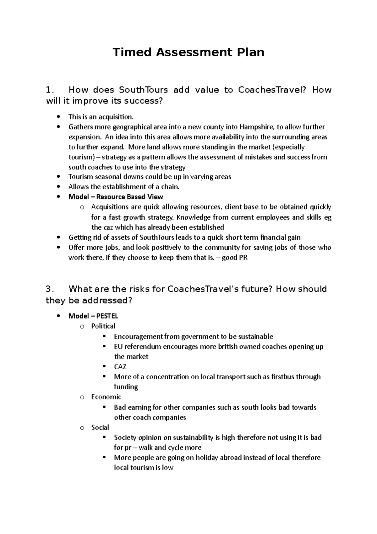 Timed Assessment Plan - How does SouthTours add value to CoachesTravel ...