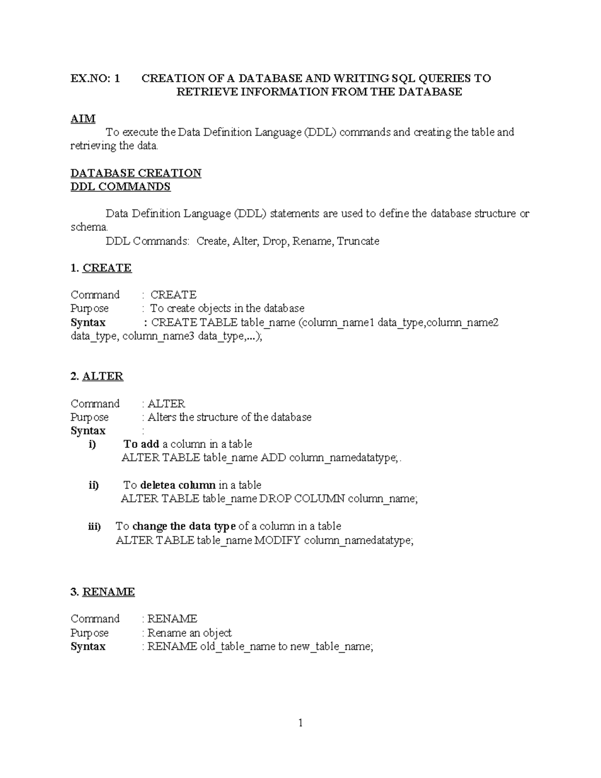 1-10 - EX: 1 CREATION OF A DATABASE AND WRITING SQL QUERIES TO RETRIEVE INFORMATION FROM THE ...