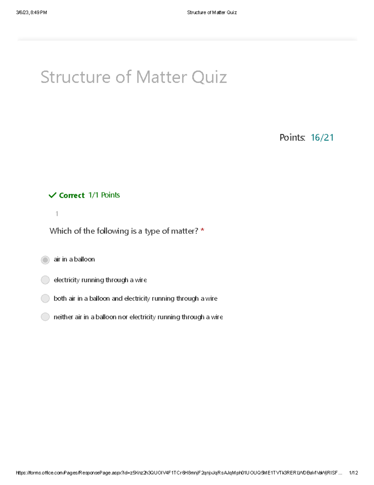 Structure of Matter Quiz - Points: 16/ Structure of Matter Quiz Correct ...