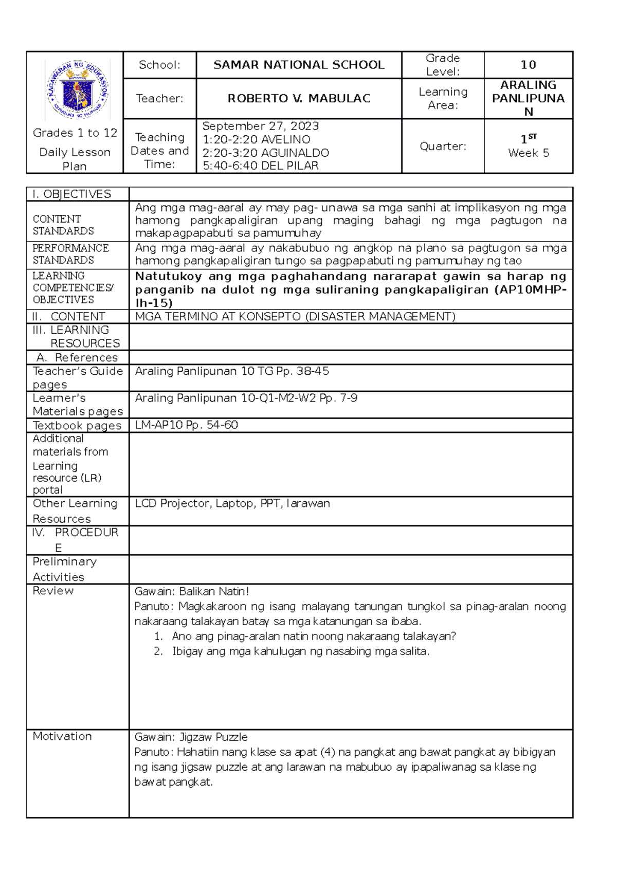 COT 1 Konsepto ng Disaster Ris K Mgt - Grades 1 to 12 Daily Lesson Plan ...
