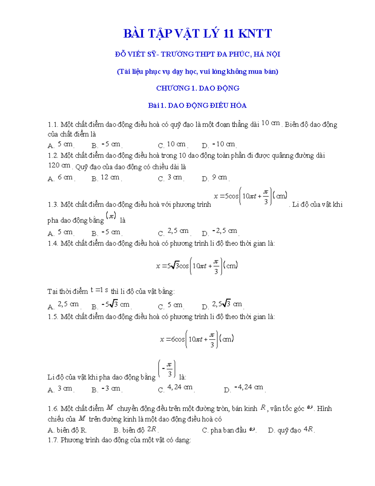 SBT Vatly 11- KNTT - Sách btap VL11-KNTT - BÀI TẬP VẬT LÝ 11 KNTT ĐỖ VIẾT SỸ- TRƯỜNG THPT ĐA ...