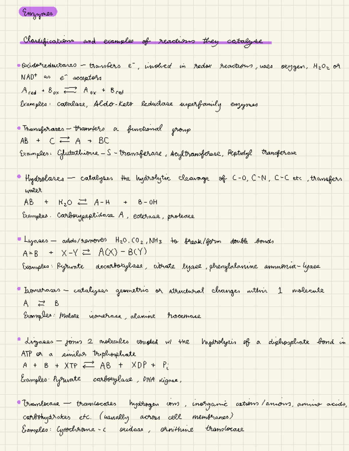 BIOC0001 - Enzyme classifications - Enzymes Classifications and ...