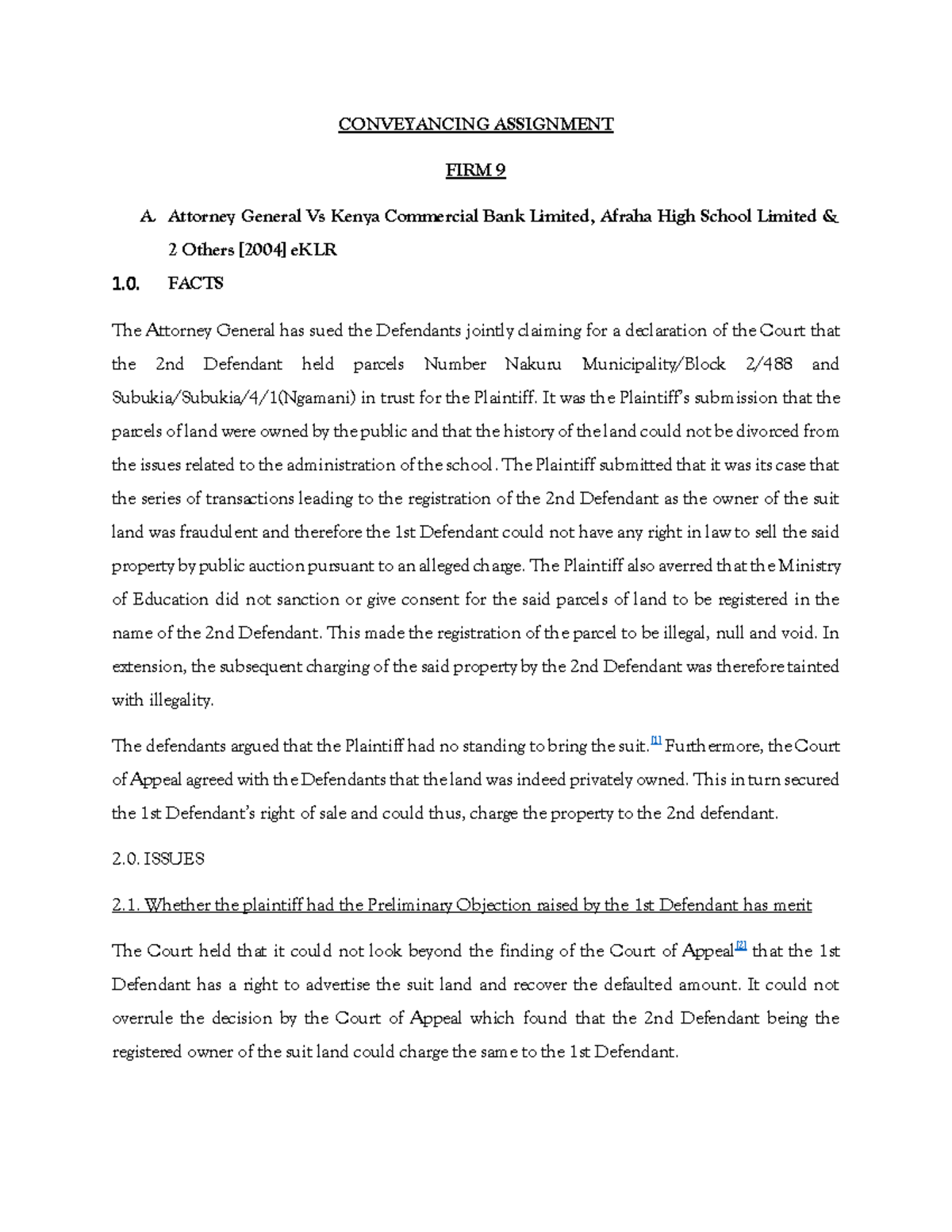 CASE Briefs FIRM 9 - class work on various case law - CONVEYANCING ...