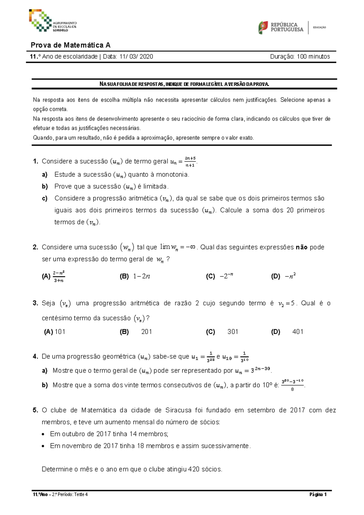 11 mat teste 4 V2 19 20 - 11.ºAno – 2.º Período: Teste 4 Página 1 Prova ...