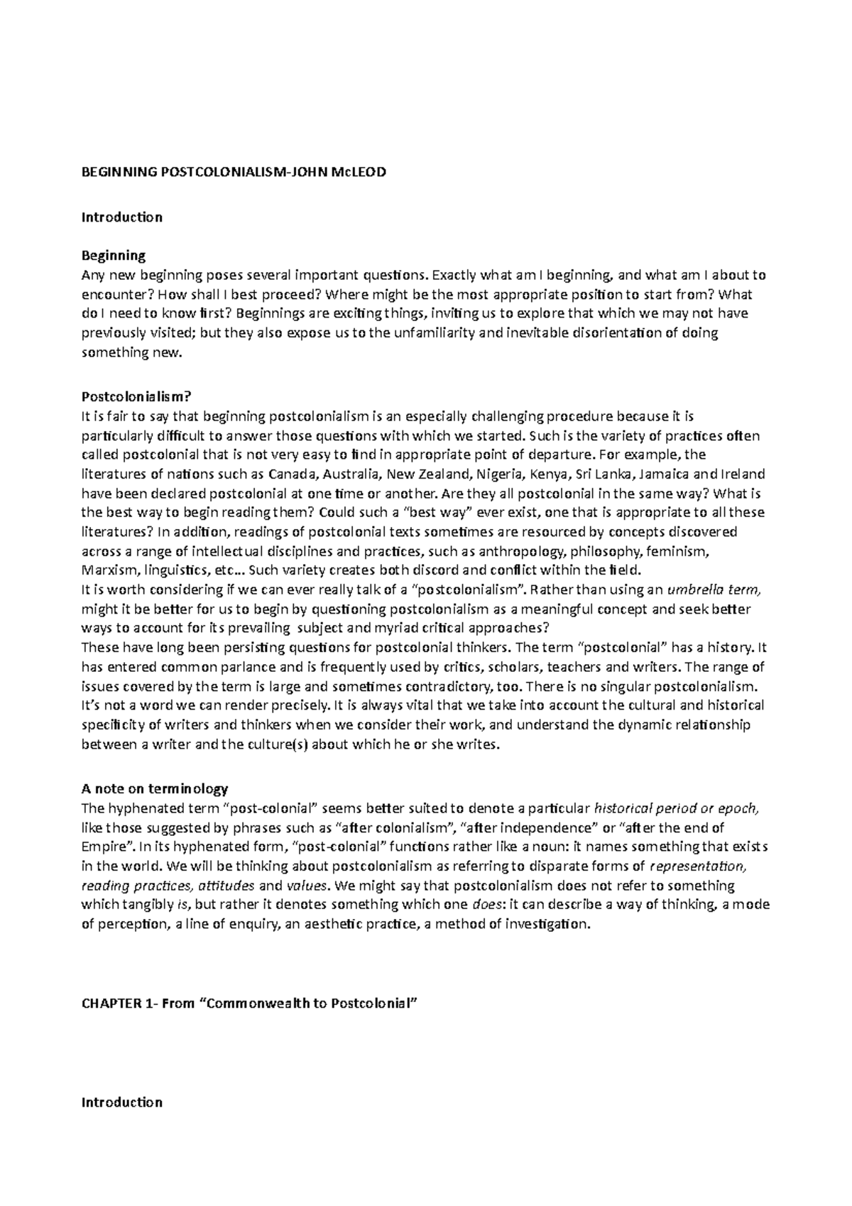 Beginning Postcolonialism - BEGINNING new beginning poses several ...