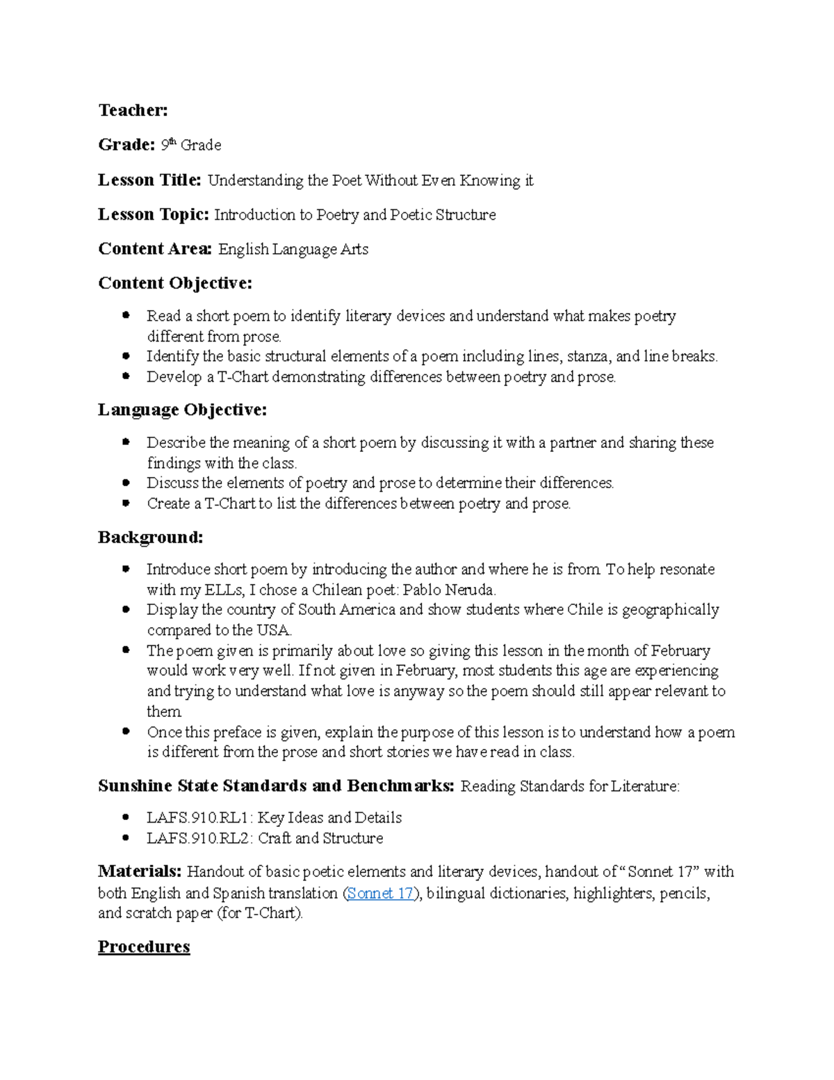 ESOL Specific Lesson Plan TSL4942 - Teacher: Grade: 9 th Grade Lesson ...