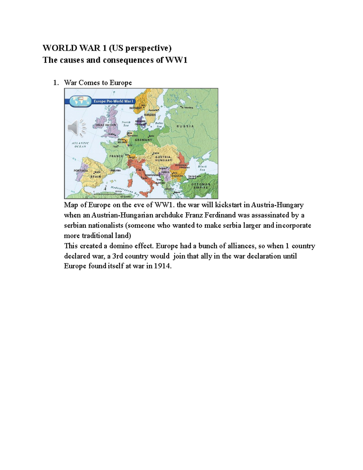 World WAR 1 - WORLD WAR 1 (US perspective) The causes and consequences ...