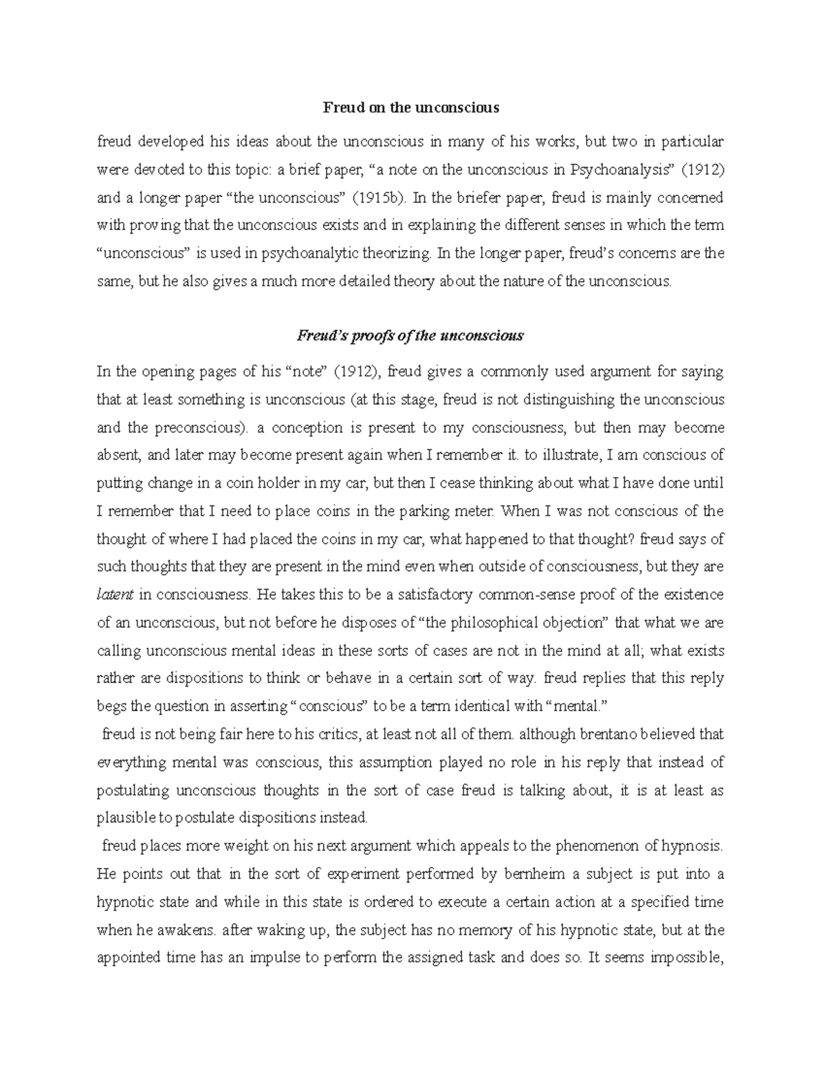 Freud on the unconscious - Freud on the unconscious freud developed his ...