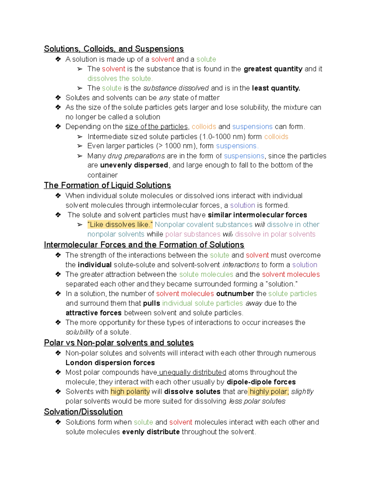 Chemistry Unit 6 Review Sheet - Solutions, Colloids, and Suspensions A solution is made up of a ...