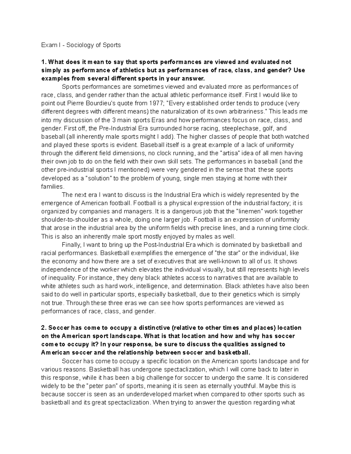 Exam I - exam 1 - Exam I - Sociology of Sports What does it mean to say ...