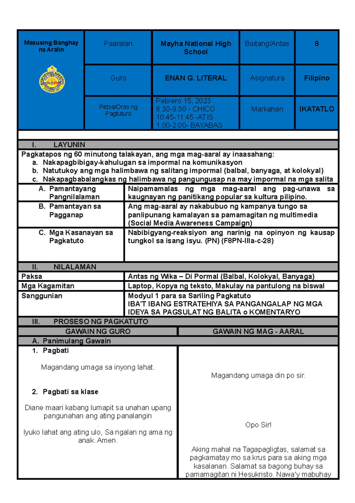 DLP8 3 Uri ng salitang impormal - Masusing Banghay na Aralin Paaralan ...