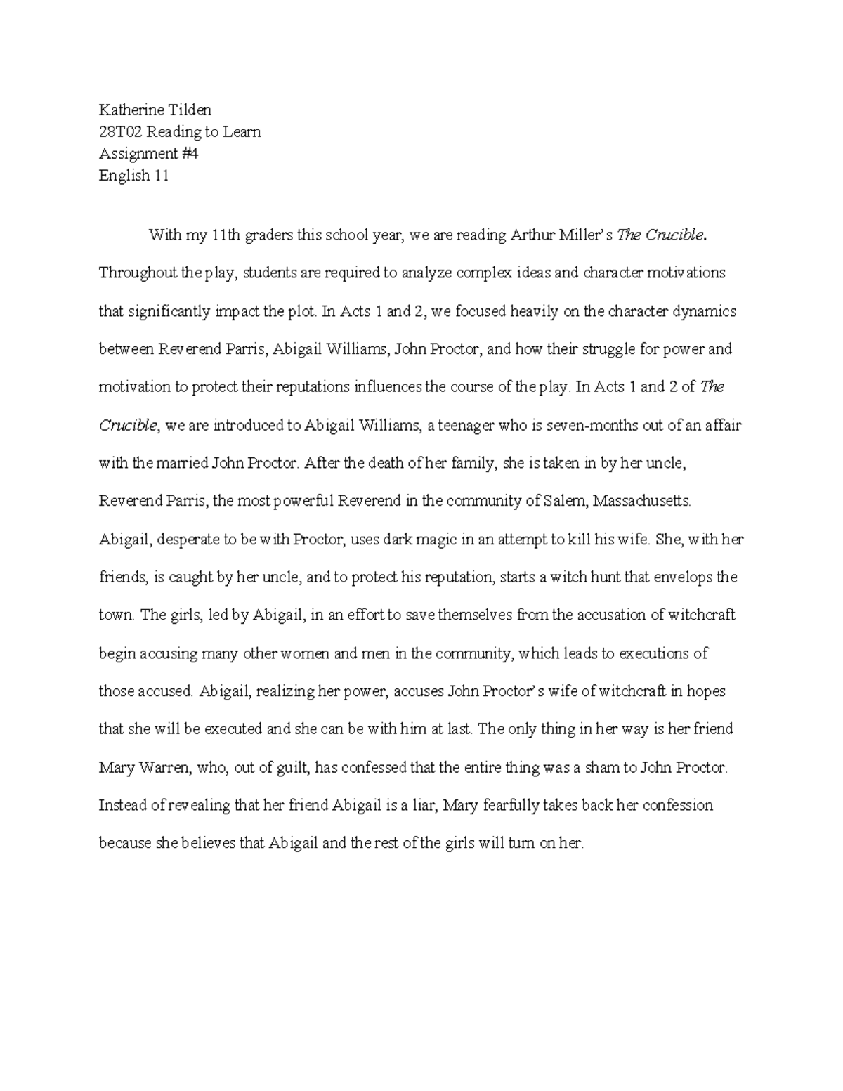 Crucible Act 1 and 2 Summary - Katherine Tilden 28T02 Reading to Learn ...