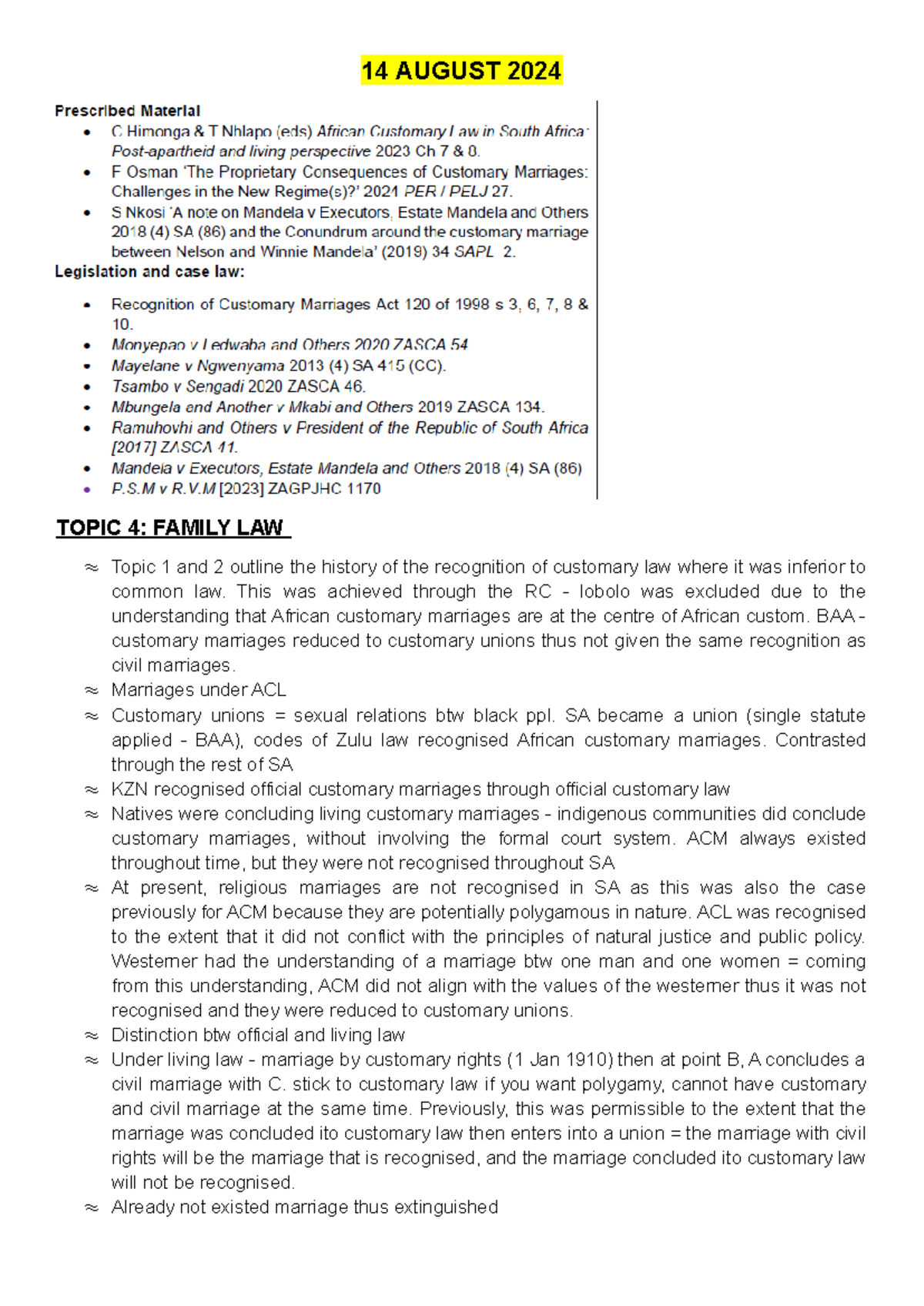 Class notes topic 4 - 14 AUGUST 2024 TOPIC 4: FAMILY LAW Topic 1 and 2 ...