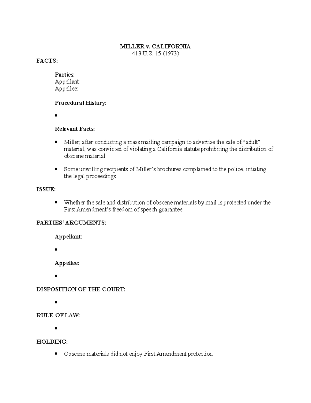 Miller v. California - Lecture notes 17 - MILLER v. CALIFORNIA 413 U ...