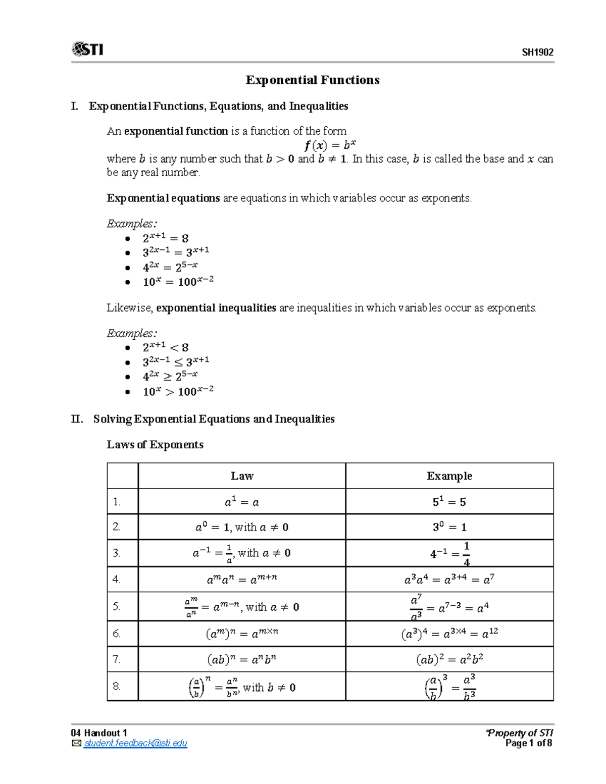 Exponential Functions - 04 Handout 1 *Property of STI Exponential ...