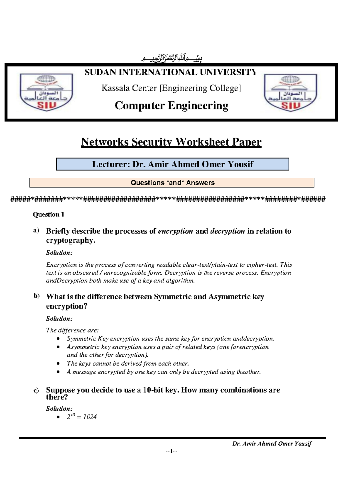 Networks Security Worksheet Paper - March 2024 - Dr. Amir Ahmed Omer ...