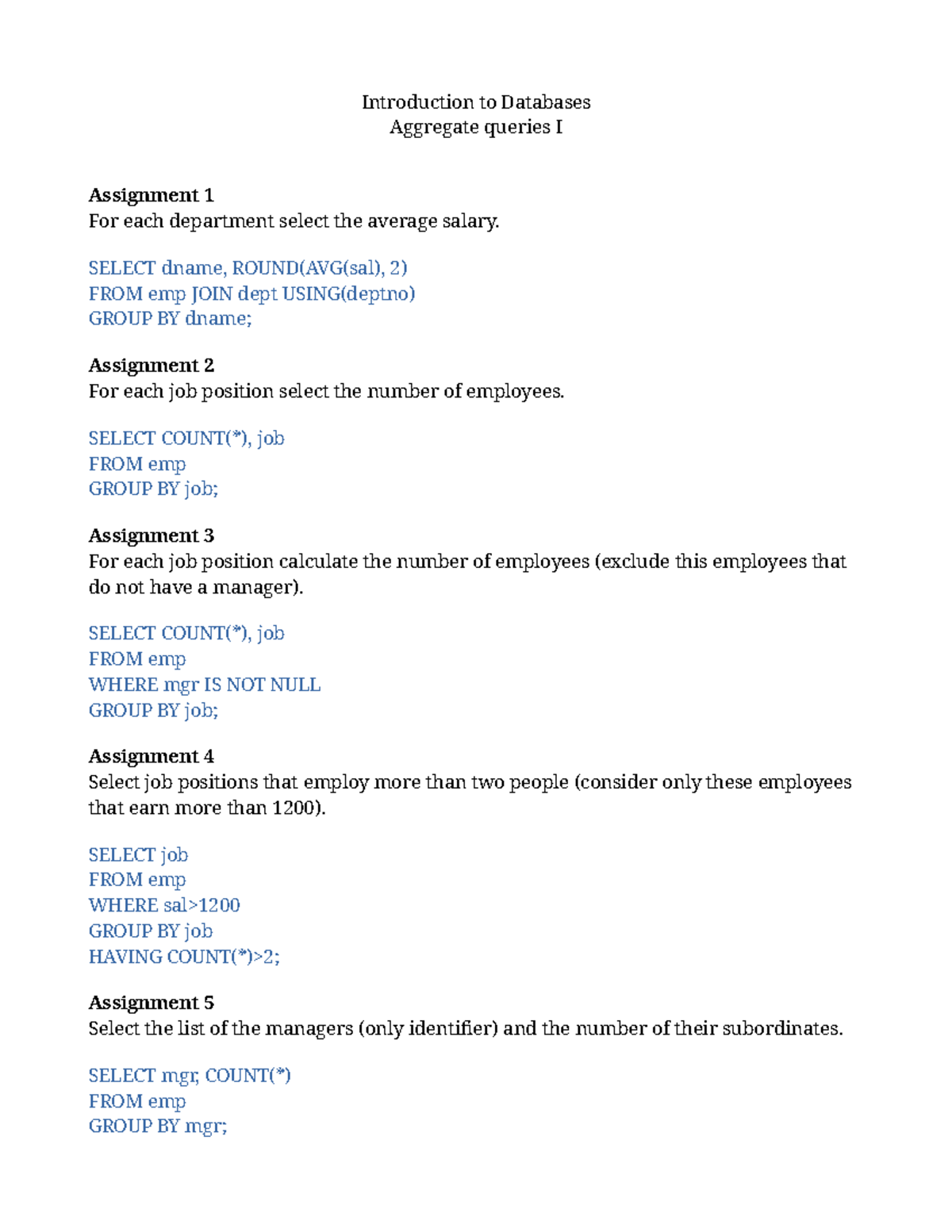 Assignment 3 - simple queries - Introduction to Databases Aggregate queries I Assignment 1 For ...