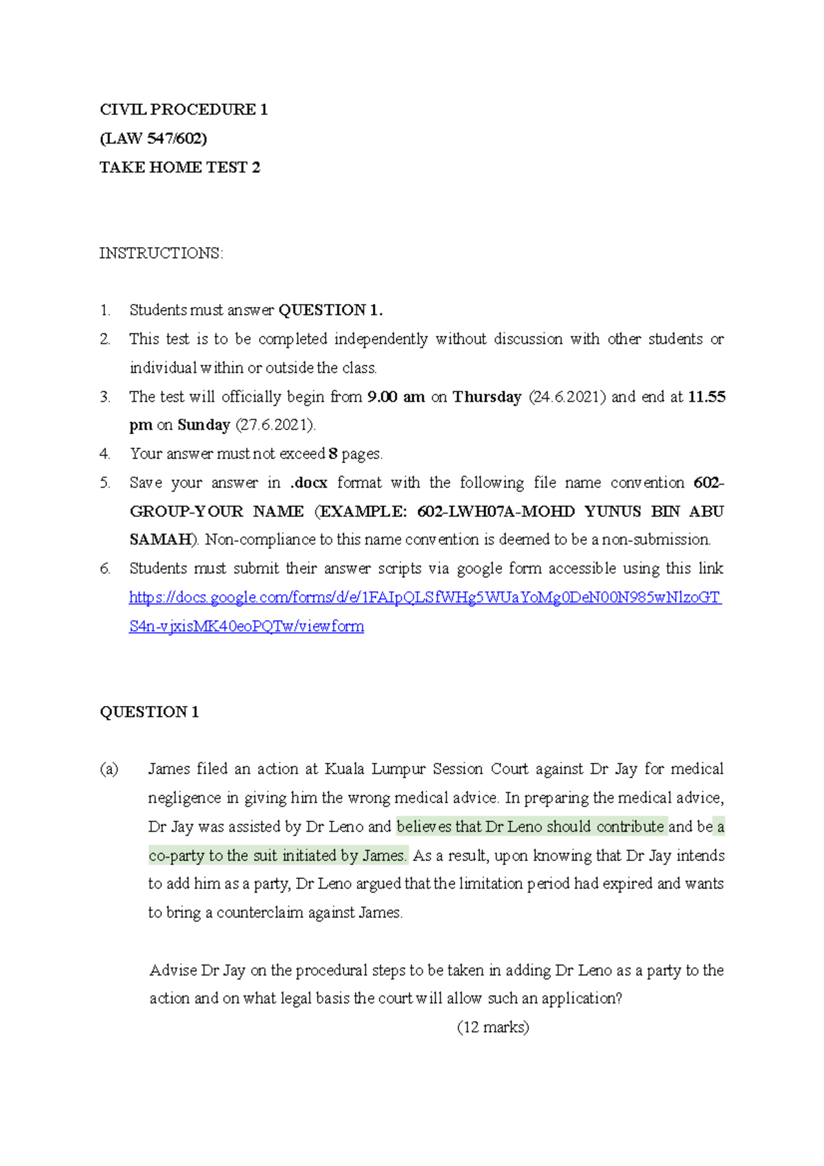 take home test 2 questions on JID - CIVIL PROCEDURE 1 (LAW 547/602 ...