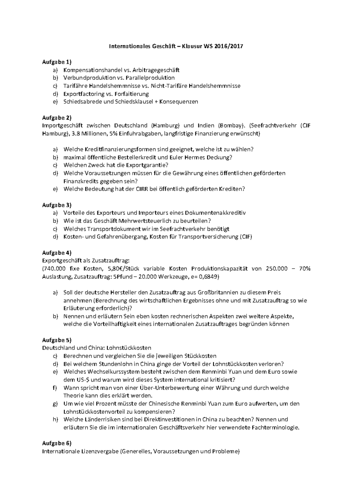 Klausur Februar Wintersemester 2015/2016, Fragen und Antworten - Internationales Geschäft ...