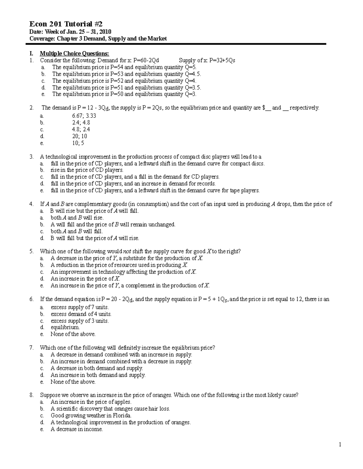 201-tutorial-2 questions to student for examination preparation - Econ 201 Tutorial Date: Week ...
